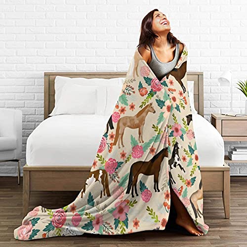 Knsoiv Rustic Flannel Plush Throw Blanket, Horses Floral Horse Breeds Farm Animal Pets Blankets for All Seasons, Thick Air Conditioning Blanket 50"X40"