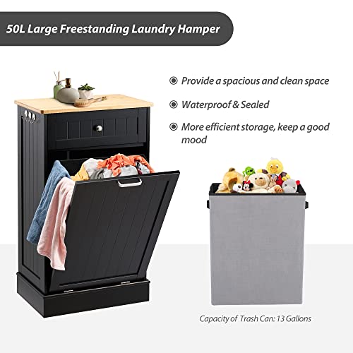 Dragosum Kitchen Trash Can Cabinet, 10 Gallon Tilt Out Waste Bins, Free Standing Laundry Hamper with Hideaway Drawer Wooden Bamboo Cutting Board Storage Bag, Pet Proof for Living Room (Black)