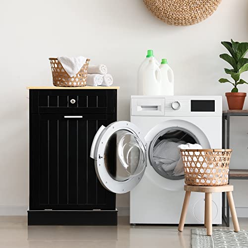 Dragosum Kitchen Trash Can Cabinet, 10 Gallon Tilt Out Waste Bins, Free Standing Laundry Hamper with Hideaway Drawer Wooden Bamboo Cutting Board Storage Bag, Pet Proof for Living Room (Black)