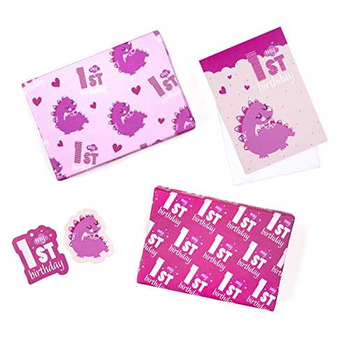 BIOBROWN Happy 1st Birthday Wrapping Paper Sheets for Girls Including Greeting Card and Gift Tags for Birthday Wishes - 2 Fold Flat Sheets