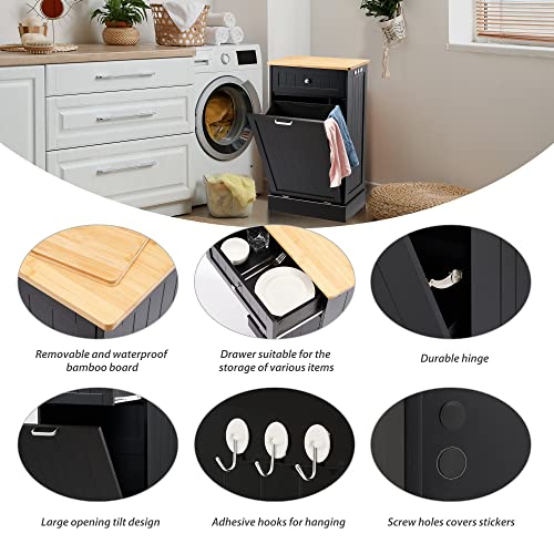 Dragosum Kitchen Trash Can Cabinet, 10 Gallon Tilt Out Waste Bins, Free Standing Laundry Hamper with Hideaway Drawer Wooden Bamboo Cutting Board Storage Bag, Pet Proof for Living Room (Black)