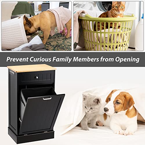 Dragosum Kitchen Trash Can Cabinet, 10 Gallon Tilt Out Waste Bins, Free Standing Laundry Hamper with Hideaway Drawer Wooden Bamboo Cutting Board Storage Bag, Pet Proof for Living Room (Black)