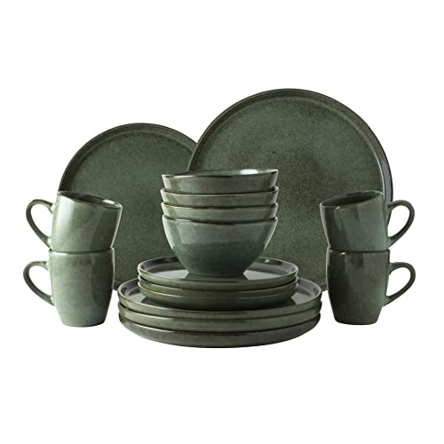 Dutch Rose Amsterdam Serenity 16 Piece Dinnerware Set, Full Sized Plates, Dinner Plates, Bowls, Coffee Mugs, Dinner Service for Four Giftset, Green