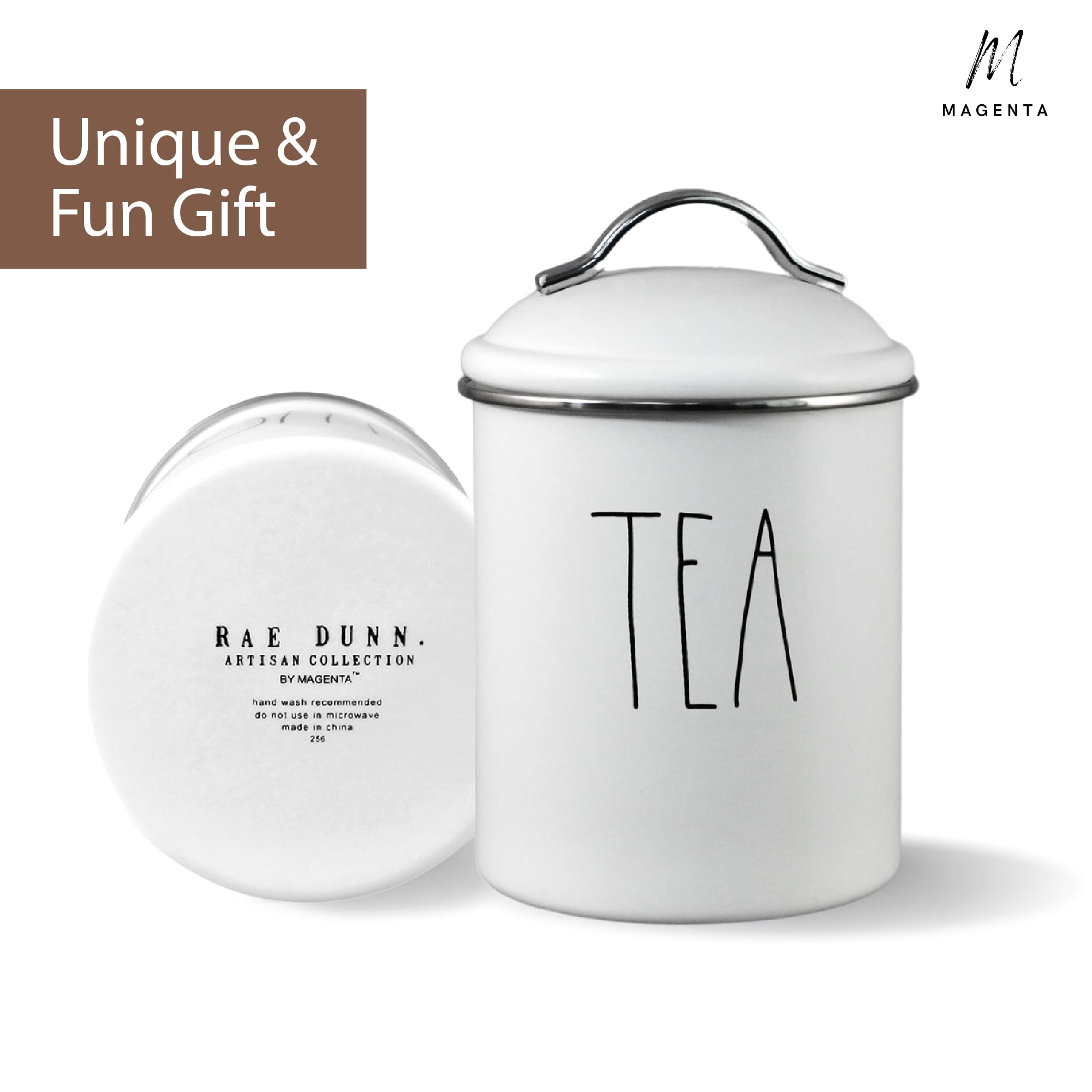 Rae Dunn Tin Tea Canister, Storage Tin with Lid and Elongated Writing