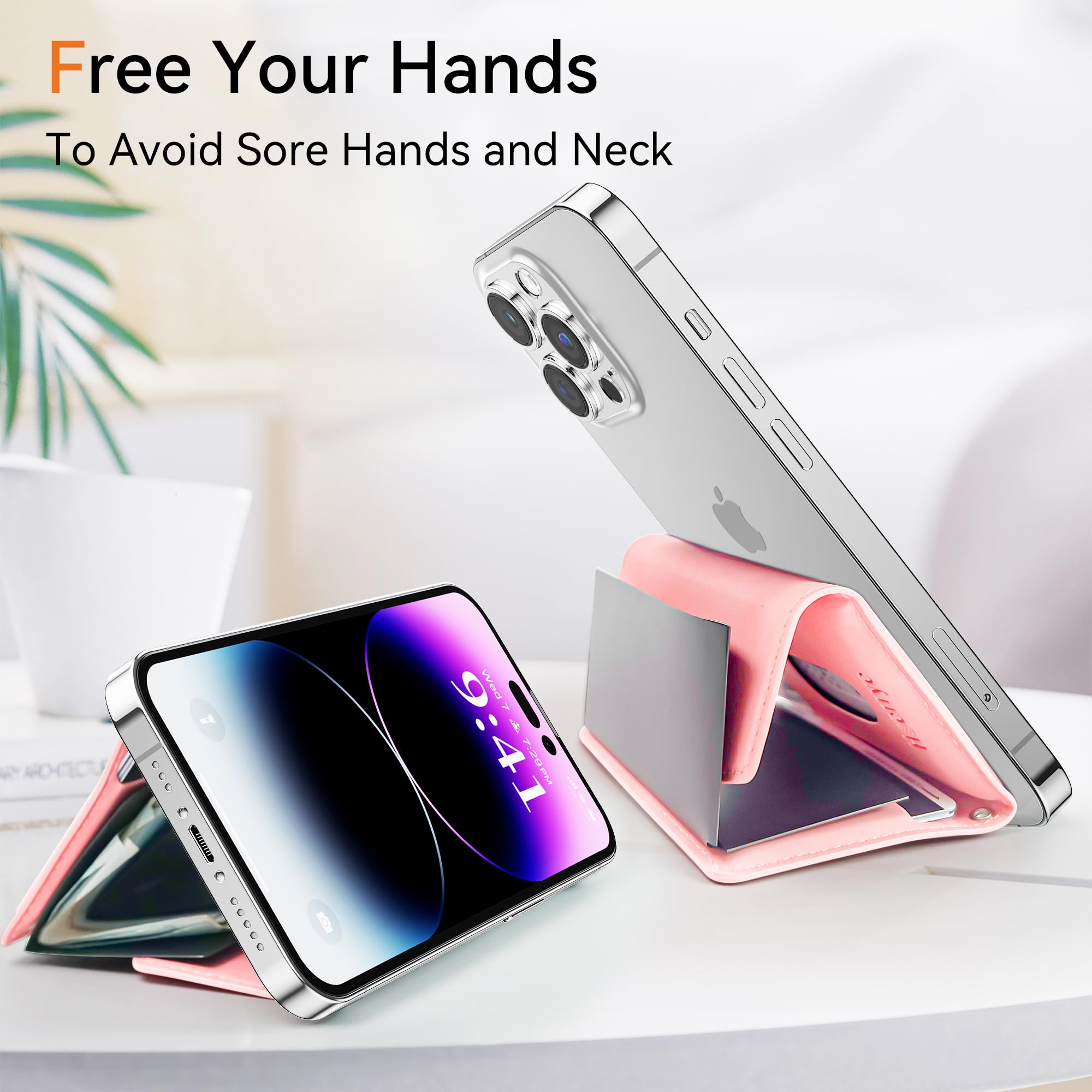 Hoerrye Magnetic Phone Wallet,3 Card Holder Hold Up to 7 Cards [Safe Rope] [Cash Clip] [RFID Blocking Protection] Magsafe Leather Wallet for iPhone 12/13/14 Series, Pink