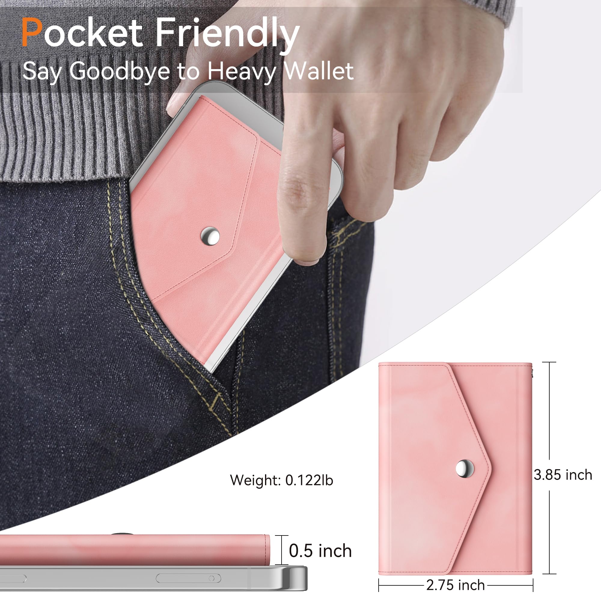 Hoerrye Magnetic Phone Wallet,3 Card Holder Hold Up to 7 Cards [Safe Rope] [Cash Clip] [RFID Blocking Protection] Magsafe Leather Wallet for iPhone 12/13/14 Series, Pink