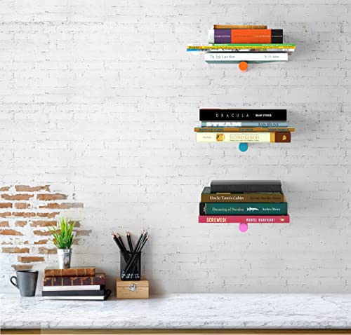 Uqayu Invisible Floating Bookshelf with Decorative Wooden Rod, Heavy Duty Wall Mounted Metal Book Organizer Shelf, for Home, Office, Study, Livingroom, Bedroom, Library (1, Blue)