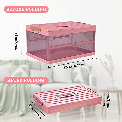 DAPANGYOUNG Collapsible Storage Bins with Lids - Clear Plastic Storage Bin Stackable Latch Storage Boxes with Durable Lid and Secure Latching Buckles For Home Office Car and Travel Organization, Pink