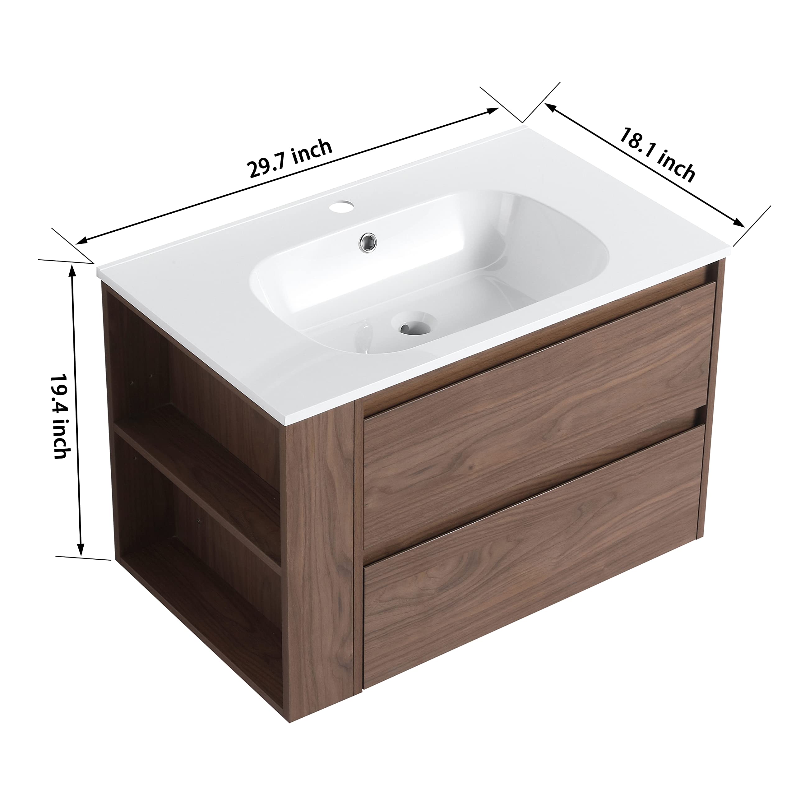 Wall Mounted Bathroom Vanity with Gel Sink Modern 30-Inch Single Bathroom Vanity Set with Top Basin & Storage Cabinet Brown Wood Hanging Bath Cabinet for Small Space Bathroom (Brown)