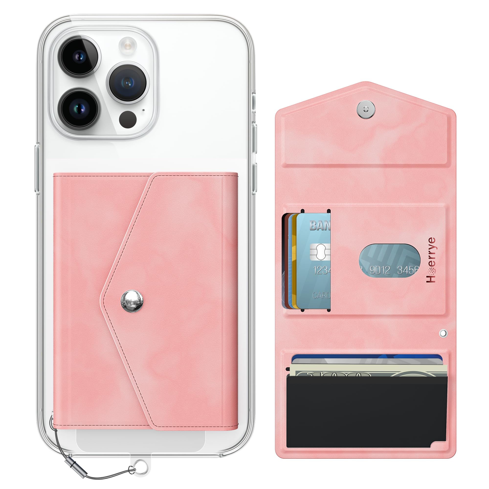 Hoerrye Magnetic Phone Wallet,3 Card Holder Hold Up to 7 Cards [Safe Rope] [Cash Clip] [RFID Blocking Protection] Magsafe Leather Wallet for iPhone 12/13/14 Series, Pink