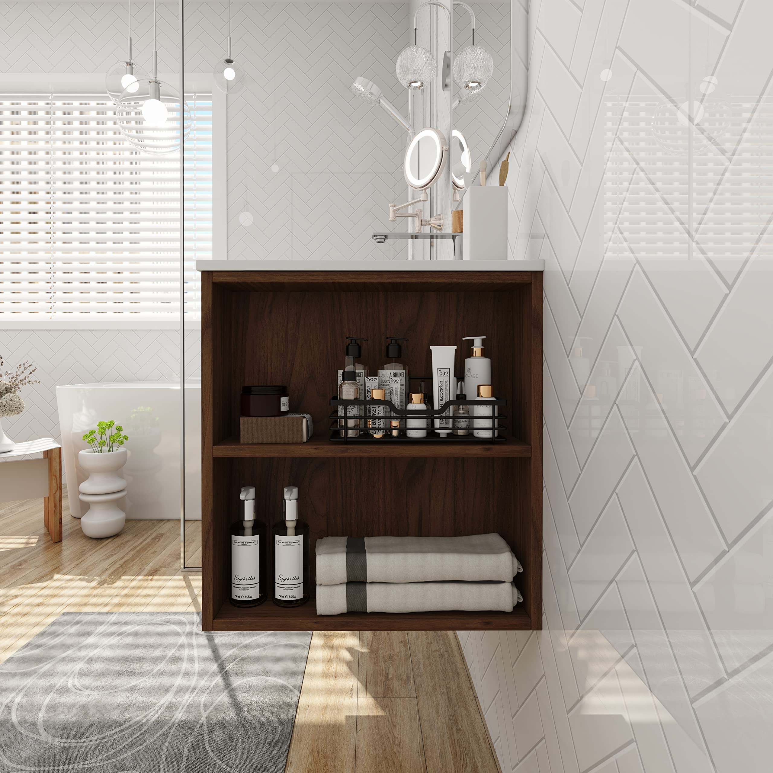 Wall Mounted Bathroom Vanity with Gel Sink Modern 30-Inch Single Bathroom Vanity Set with Top Basin & Storage Cabinet Brown Wood Hanging Bath Cabinet for Small Space Bathroom (Brown)