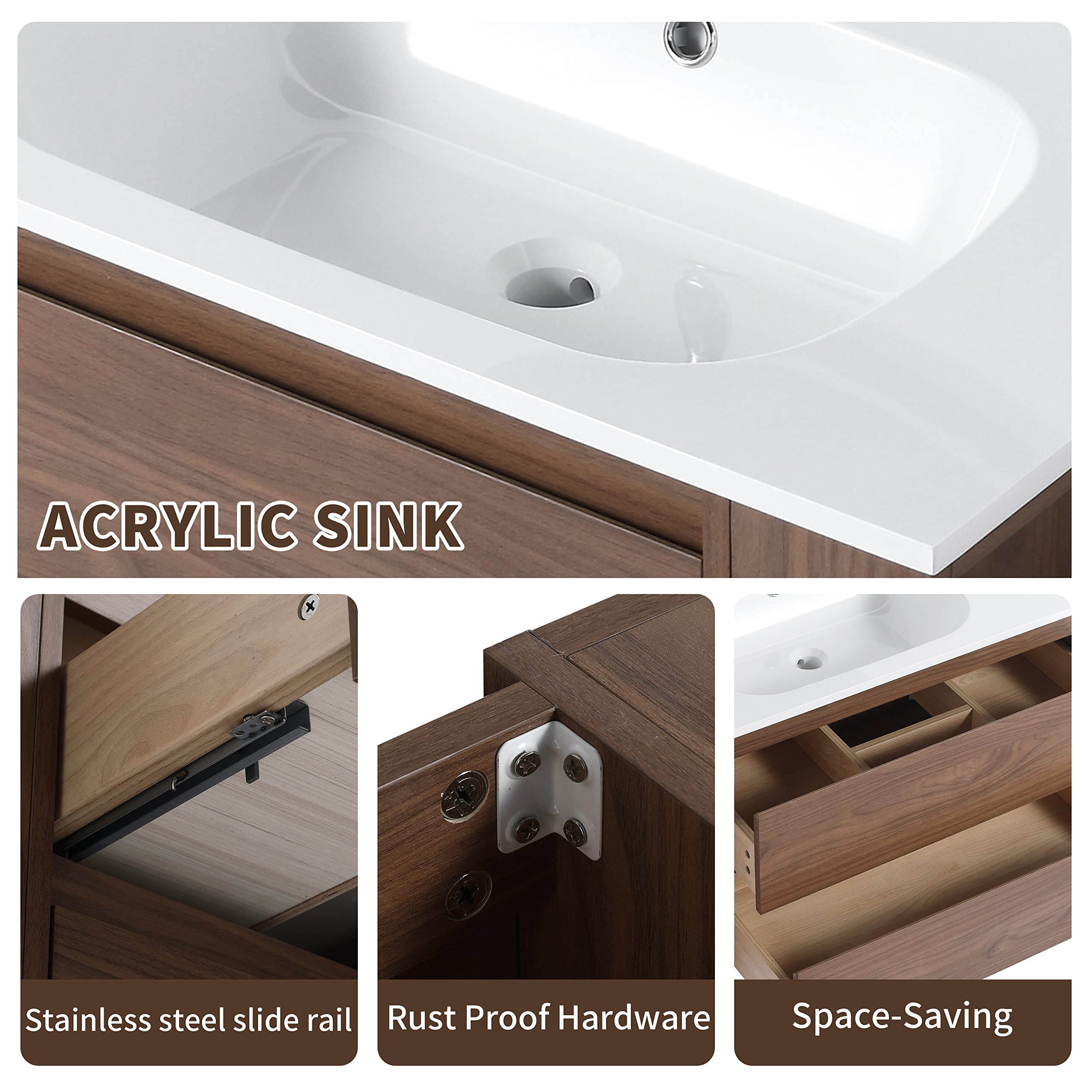 Wall Mounted Bathroom Vanity with Gel Sink Modern 30-Inch Single Bathroom Vanity Set with Top Basin & Storage Cabinet Brown Wood Hanging Bath Cabinet for Small Space Bathroom (Brown)