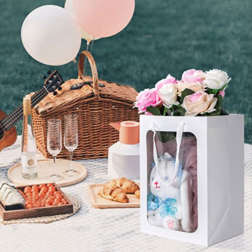 Sdootjewelry Gift Bag with Window, 10pcs White Paper Gift Bag with Transparent Window, 13.8" Γ 7.1" Γ 9.8" Flower Bouquet Bags with Handle, Window Gift Bags