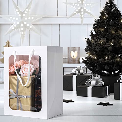 Sdootjewelry Gift Bag with Window, 10pcs White Paper Gift Bag with Transparent Window, 13.8" Γ 7.1" Γ 9.8" Flower Bouquet Bags with Handle, Window Gift Bags