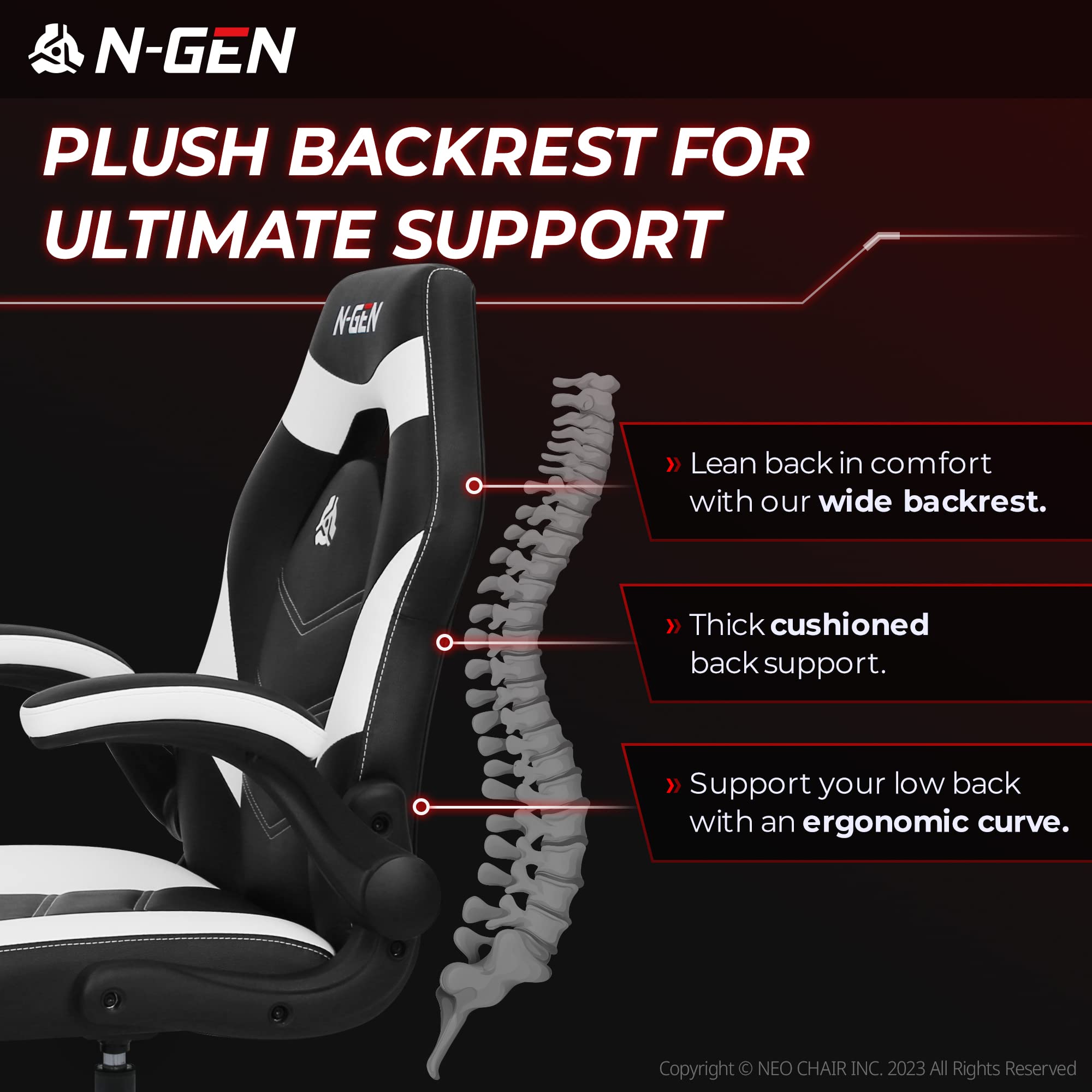 N-GEN Video Gaming Computer Chair Ergonomic Desk Office Chair for Adults with Lumbar Support Flip-Up Arms Adjustable Height Swivel Wheels PU Leather Executive Design for Home and Office (White)