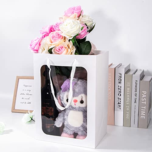 Sdootjewelry Gift Bag with Window, 10pcs White Paper Gift Bag with Transparent Window, 13.8" Γ 7.1" Γ 9.8" Flower Bouquet Bags with Handle, Window Gift Bags
