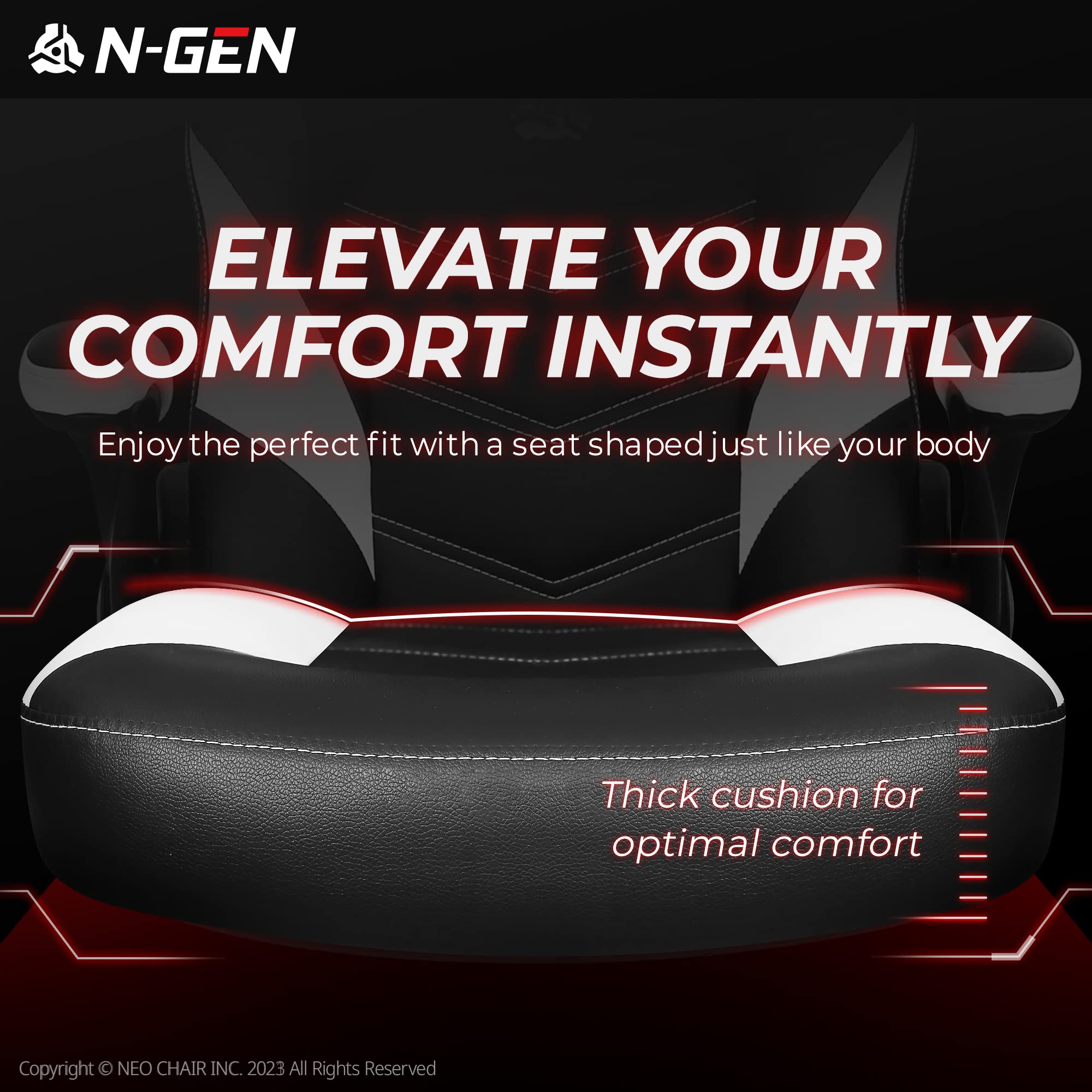 N-GEN Video Gaming Computer Chair Ergonomic Desk Office Chair for Adults with Lumbar Support Flip-Up Arms Adjustable Height Swivel Wheels PU Leather Executive Design for Home and Office (White)