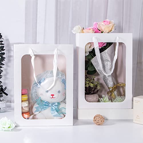 Sdootjewelry Gift Bag with Window, 10pcs White Paper Gift Bag with Transparent Window, 13.8" Γ 7.1" Γ 9.8" Flower Bouquet Bags with Handle, Window Gift Bags