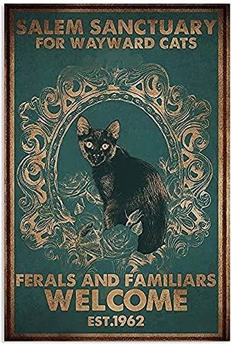 Black Cat Metal Tin Sign,Salem Sanctuary for Wayward Cats,Vintage Poster Plaque Sign for Home Restaurant Kitchen Wall Decor Best Family Decor Gift 8X12 Inch