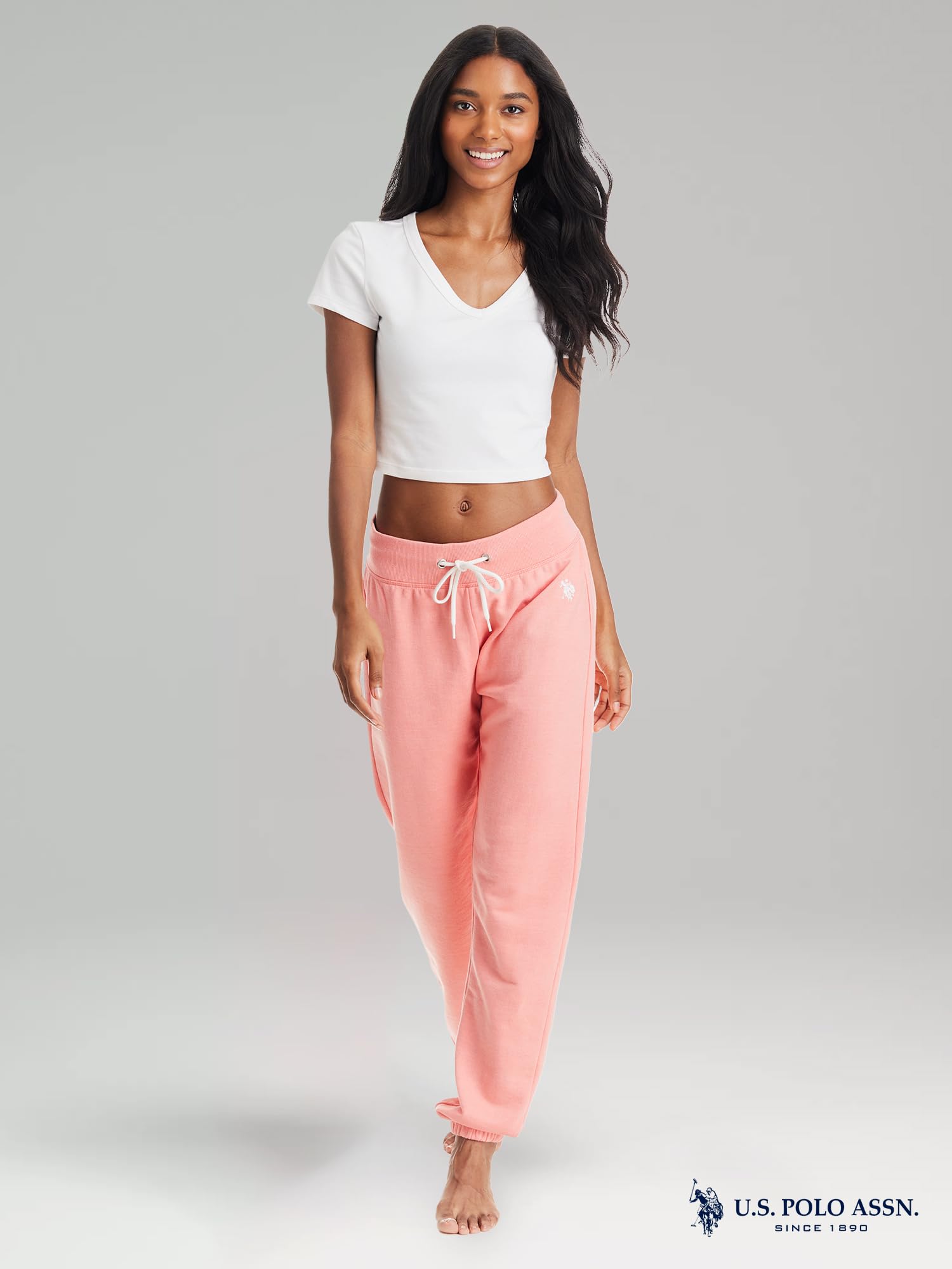 U.S. Polo Assn. Womens Sweatpants Joggers, Comfy and Breathable French Terry Lounge Pants for Women (Coral Heather, Medium)