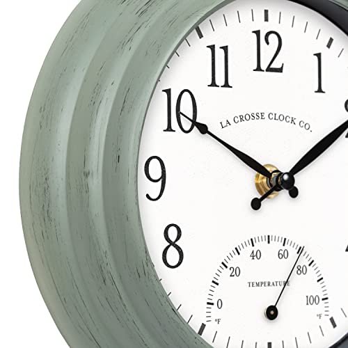 La Crosse Clock 433-3020 8-inch Indoor/Outdoor Sage Green Quartz Wall Clock with Temperature