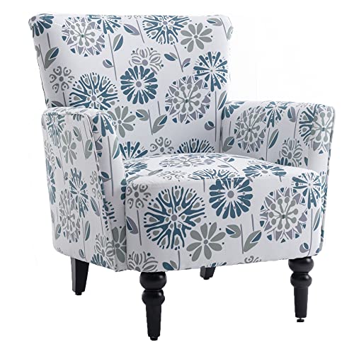sunkind Mid Century Modern Chair Accent Chair with Arms, Linen Fabric Armchair Single Sofa Comfy Upholstered Reading Chair for Living Room Sitting Room Bedroom Studio,White Blue