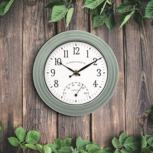La Crosse Clock 433-3020 8-inch Indoor/Outdoor Sage Green Quartz Wall Clock with Temperature