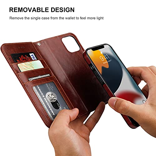 Bocasal Detachable Wallet Case for iPhone 13 Pro RFID Blocking Card Slots Holder Premium PU Leather Magnetic Kickstand Shockproof Wrist Strap Removable Flip Protective Cover 5G 6.1 inch (Brown)