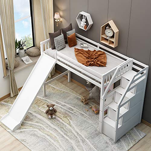 Merax Twin Size Loft Bed Frames with Silde, Staircase and Safety Guardrails No Box Spring Needed for Teens, Boys or Girls, White