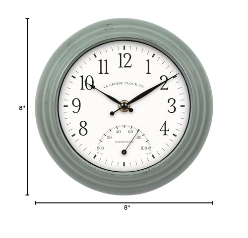 La Crosse Clock 433-3020 8-inch Indoor/Outdoor Sage Green Quartz Wall Clock with Temperature
