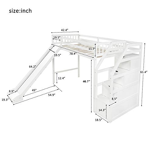 Merax Twin Size Loft Bed Frames with Silde, Staircase and Safety Guardrails No Box Spring Needed for Teens, Boys or Girls, White
