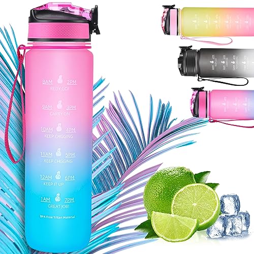 West Biking 32 oz Water Bottle with Time Marker and Straw, Motivational Water Bottles with Clean Brush, Leakproof & BPA Free, Drinking Sports Water Bottle for Fitness Gym Outdoor