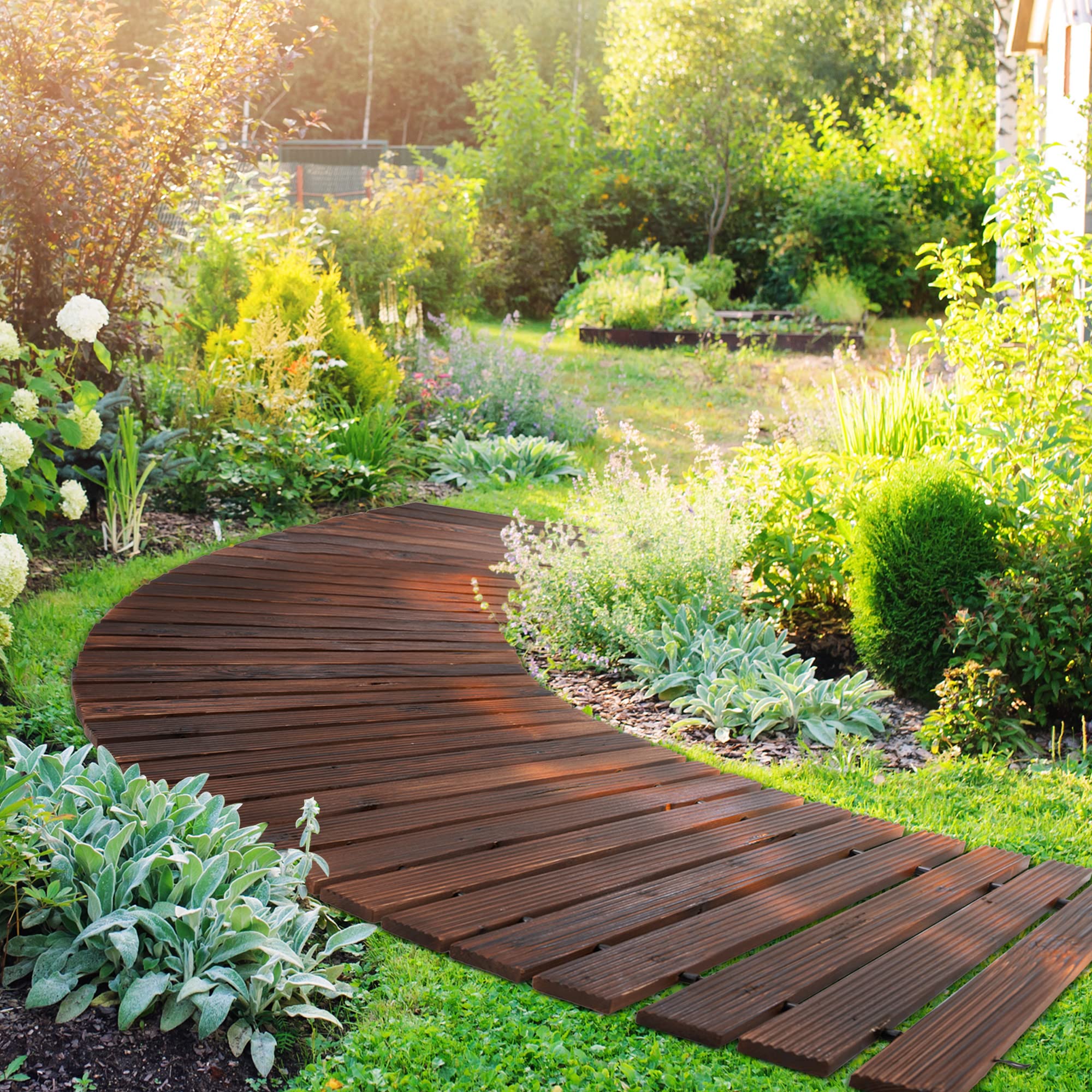 Dragosum 8FT Garden Pathway Wooden Walkway, Outdoor Path Curved Walkway Roll Out Plow and Hearth Wooden Walkway, Decorative Lawn Patio Pavers Boardwalk Beach Wedding Party (Curved)