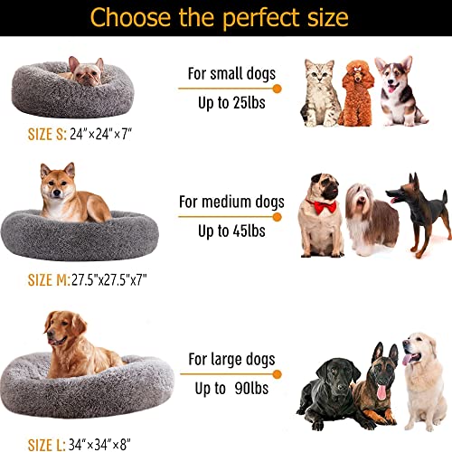URGVANZ PET Calming Dog Bed Anti-Anxiety Donut Dog Beds for Extra Large Dogs,Machine Washable Plush Fluffy Round Cuddler,34 inch,Gray