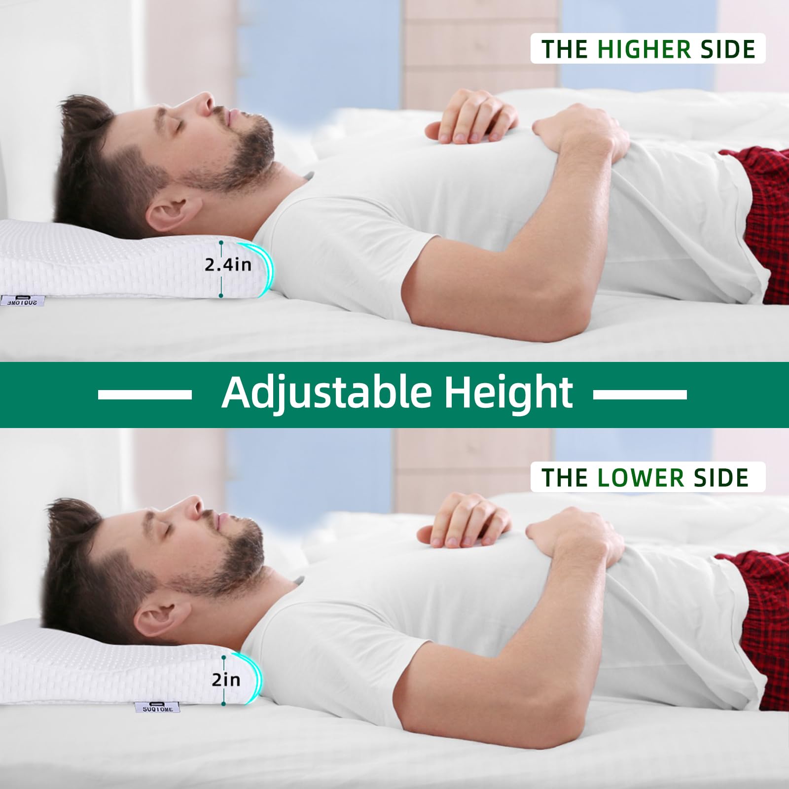 SUQ I OME Slim Sleeper-Thin Memory Foam Pillow for Sleeping,1.9'' to 2.4 '' Thin & Low Cervical Profile, Soft, for Neck Pain, Stomacher, Back and Side Sleeper(23.6x13.7x2.4/1.9 inch,White)