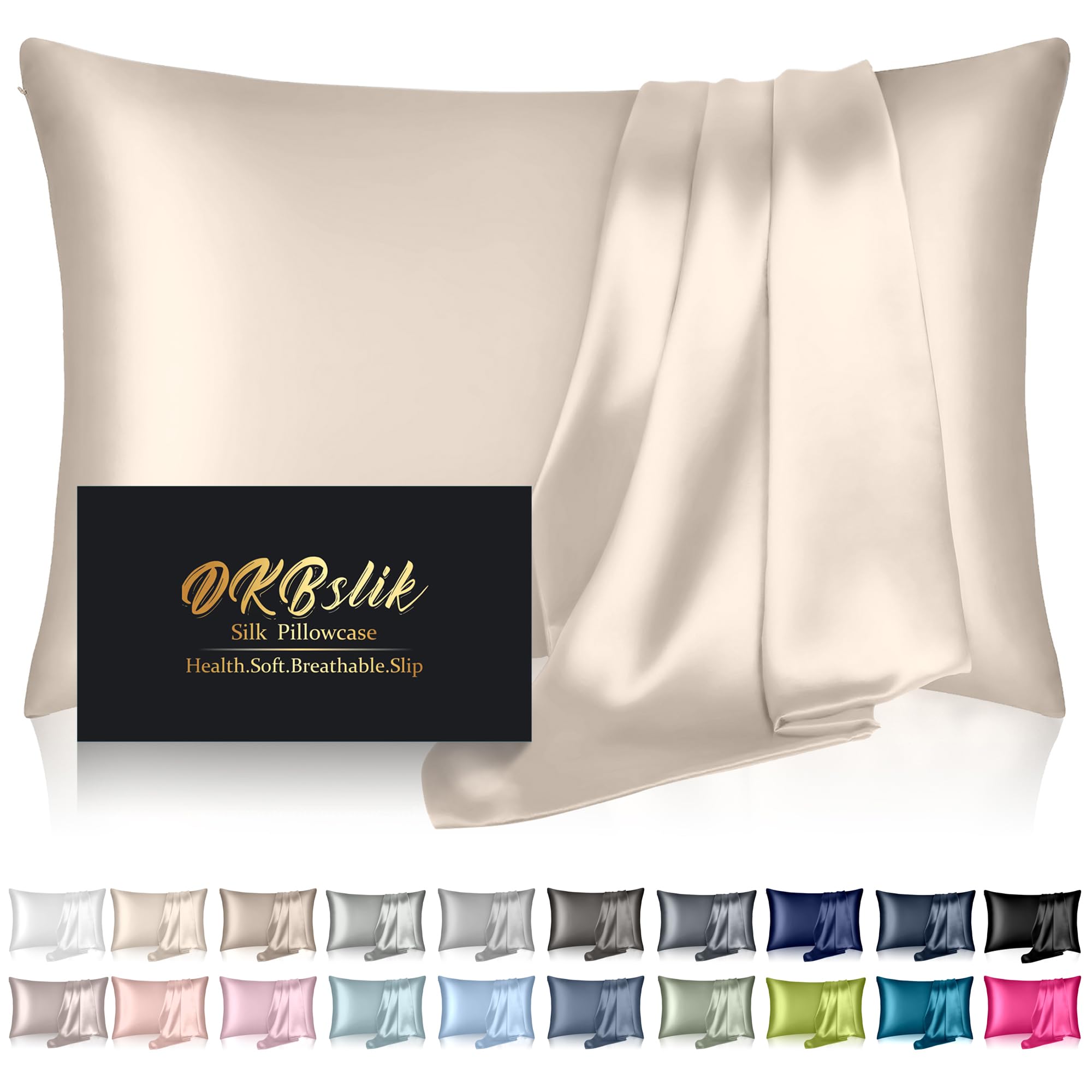 Silk Pillowcase for Hair and Skin, Mulberry Silk Pillow Cases Standard Size Anti Acne Cooling Beauty Sleep Both Sides Natural Silk Satin Pillow Covers with Hidden Zipper, Gifts for Women Men, Beige