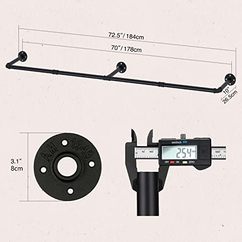 GREENSTELL Clothes Rack, 72.5 Inches Industrial Pipe Clothing Rack, Wall Mounted Closet Rod, Space-Saving Heavy Duty Hanging Bar, Detachable Multi-Purpose Hanging Rod for Closet Storage 3 Base