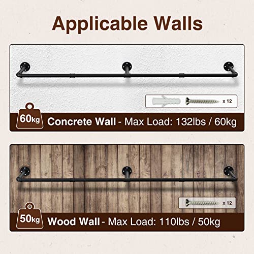 GREENSTELL Clothes Rack, 72.5 Inches Industrial Pipe Clothing Rack, Wall Mounted Closet Rod, Space-Saving Heavy Duty Hanging Bar, Detachable Multi-Purpose Hanging Rod for Closet Storage 3 Base