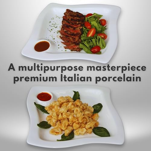 Il Bel Piatto 12-inch Premium Elegant Italian Porcelain Plates with Sauce Compartment - Premium Dining Plates Made in Italy (White, 4 Pieces)