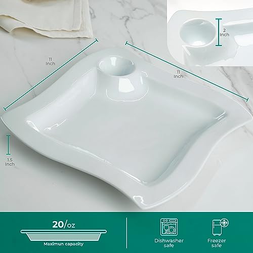 Il Bel Piatto 12-inch Premium Elegant Italian Porcelain Plates with Sauce Compartment - Premium Dining Plates Made in Italy (White, 4 Pieces)