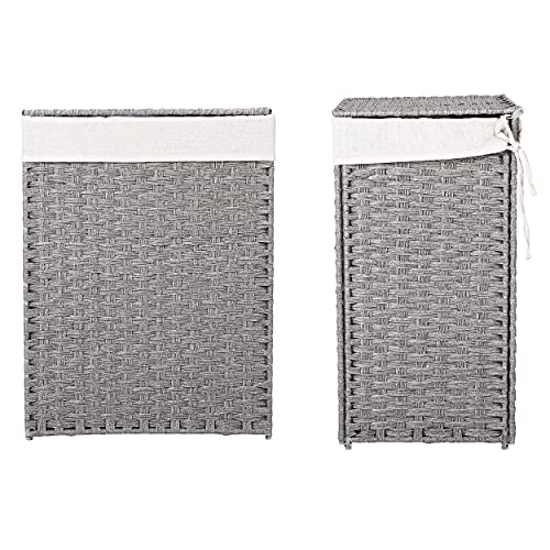 BIRDROCK HOME Single Laundry Hamper with Lid - Grey - Liner Bag - Hand Woven - Small Collapsible Hampers - Foldable Bin - Synthetic PE Rattan - Hand Woven - Clothes Basket