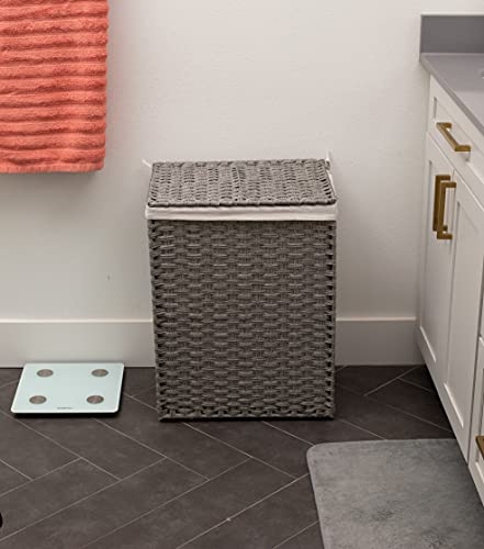 BIRDROCK HOME Single Laundry Hamper with Lid - Grey - Liner Bag - Hand Woven - Small Collapsible Hampers - Foldable Bin - Synthetic PE Rattan - Hand Woven - Clothes Basket