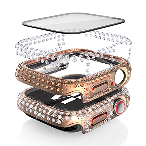 Fullife 3-Pack Crystal Diamond Bling Cases Compatible with Apple Watch 40mm Protective Bumper with Tempered Glass Protector for iWatch Series 6 5 4 SE, Rosegold/Rainbow/Clear