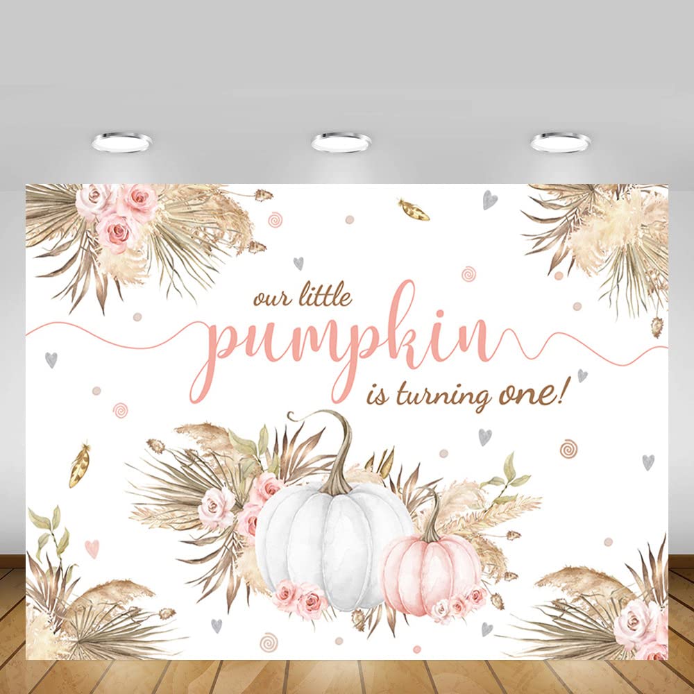 MEHOFOND 7x5ft Fall Pumpkin 1st Birthday Backdrop Boho Pink Floral Our Little Pumpkin is Turning One Banner Fall Autumn First Birthday Photography Background Cake Table Smash Photo Props