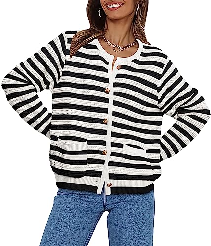 LILLUSORY Women's Cable Knit Cardigan Sweaters 2024 Fall Trendy Open Front Button Up Tweed Blazer Jackets Ladies Chunky Oversized Coat Coatigan Old Money Clothes Cute Outfits Black White L
