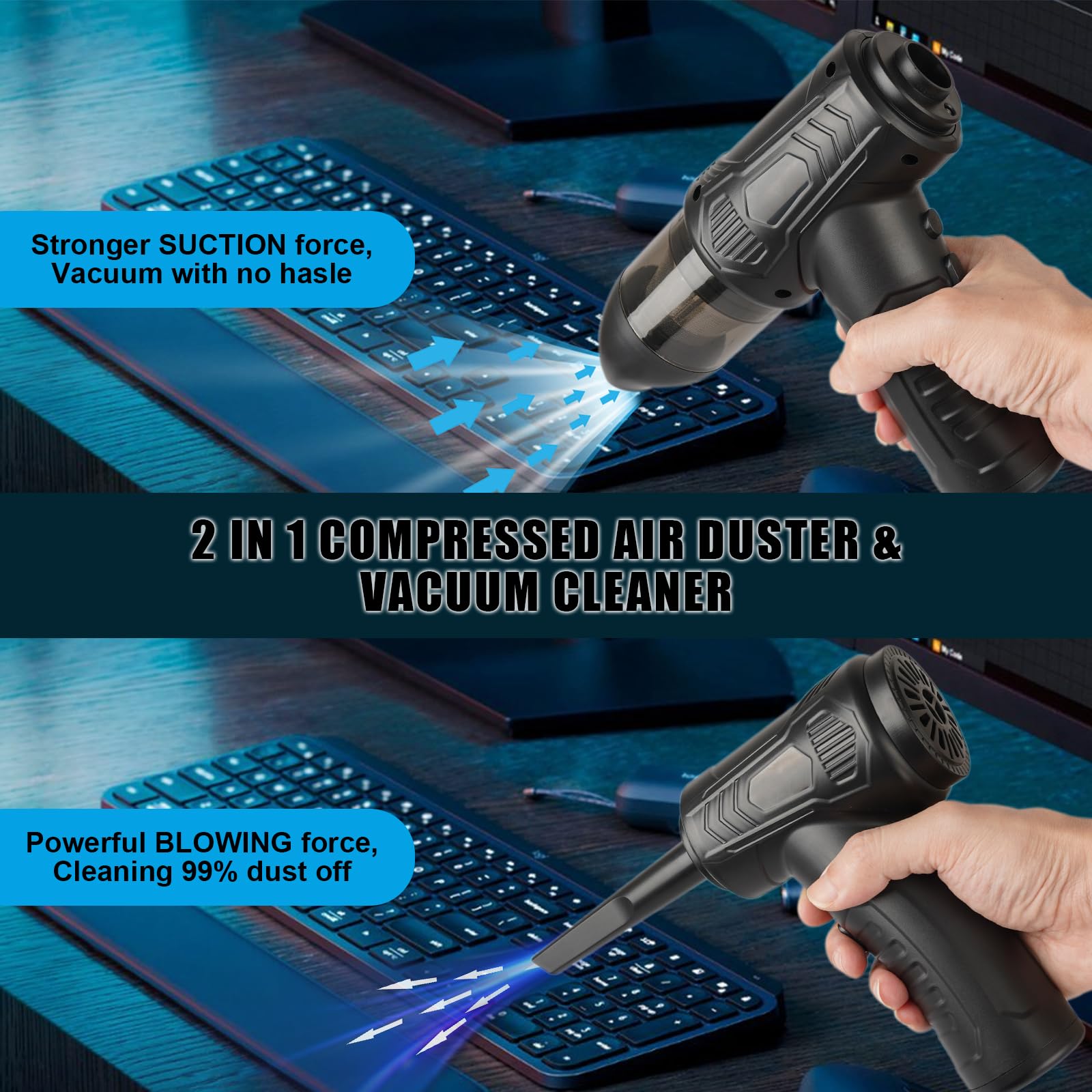 Bsteciar Compressed Air Duster, 3 in 1 Electric Air Duster/Mini Computer Vacuum/Inflat Swim Ring, Portable Handheld Air Blower for Keyboard, Car, Home, 3 Speeds