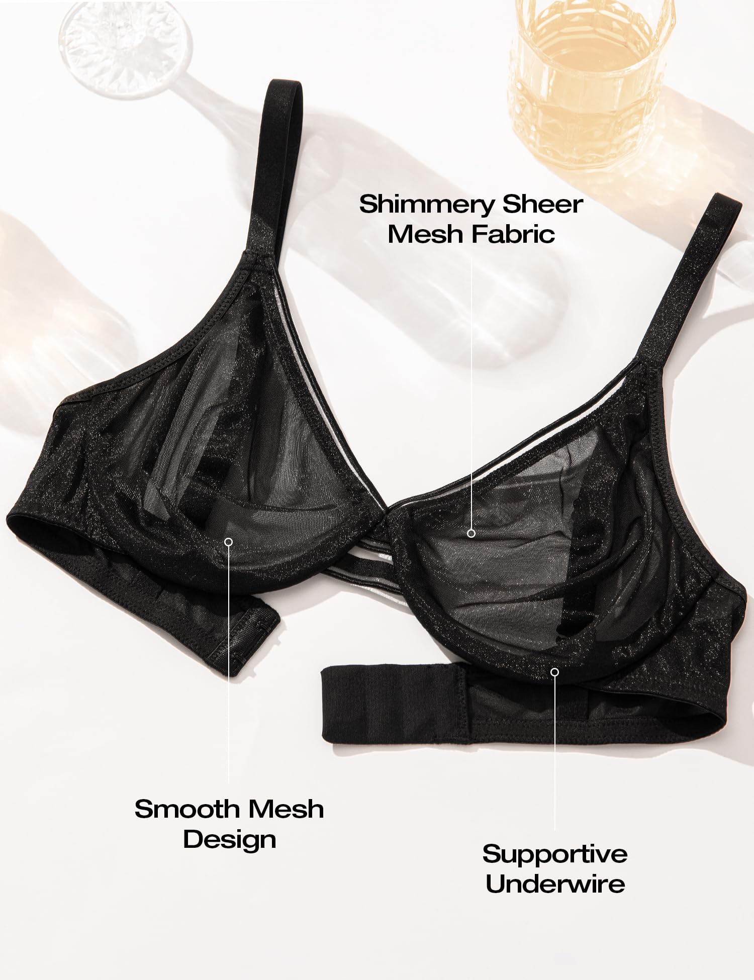 Deyllo Women's Sheer Mesh Lace Unlined Underwire Bra Sexy See-Through Demi Bralette(Black,36D)