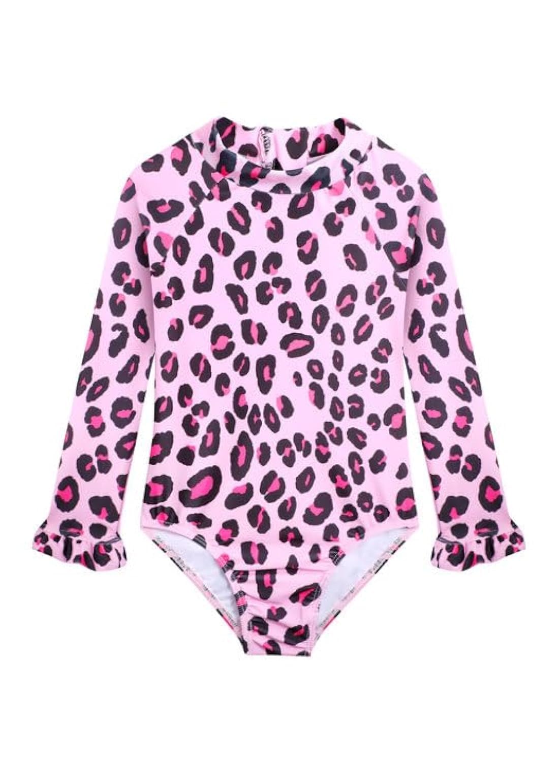 Alakuoti Long Sleeve One Piece Ruffle Swimsuit for Toddler Girls Baby Girl Rashguard Shirt with UPF 50+ Sun Protection (as1, Age, 0_Month, 12_Months, Pink Leopard)