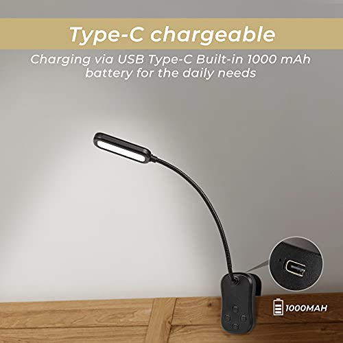 QEZEZA Book Light for Reading in Bed, USB-C Rechargeable Book Light, Reading Light with 16 LEDs, 5 Brightness and 3 Color Modes,1000 mAh Strong Battery Life, 1 Hour Charge for Whole Day Working