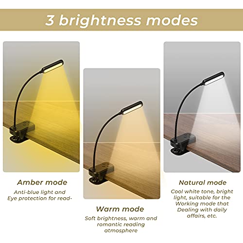 QEZEZA Book Light for Reading in Bed, USB-C Rechargeable Book Light, Reading Light with 16 LEDs, 5 Brightness and 3 Color Modes,1000 mAh Strong Battery Life, 1 Hour Charge for Whole Day Working